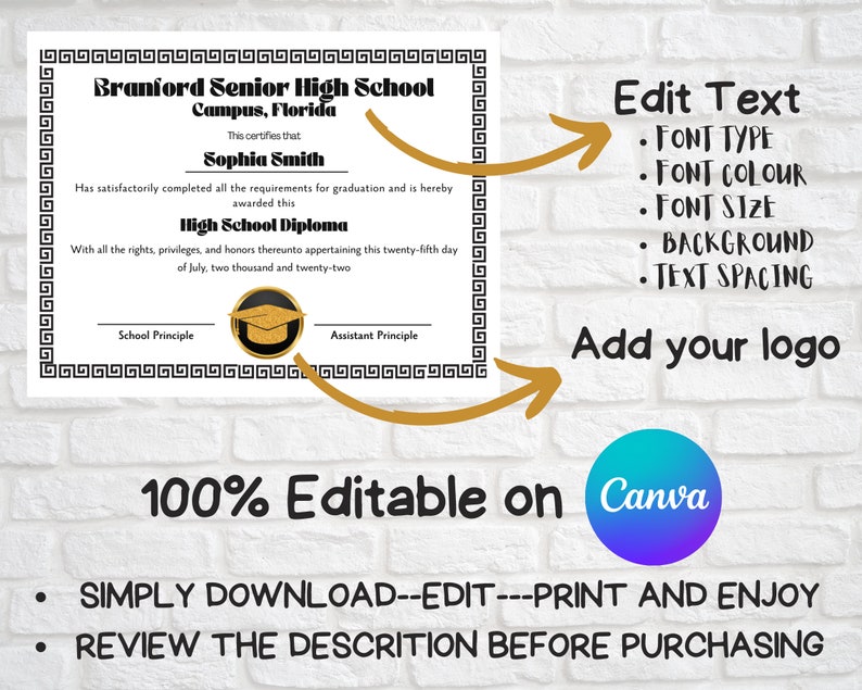 Custom Graduation Diploma Template High School & Homeschool Editable ...