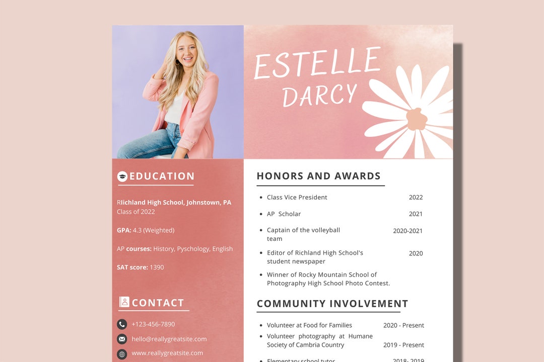 Pink Sorority Resume Template With Photo Modern & Girly Rush ...