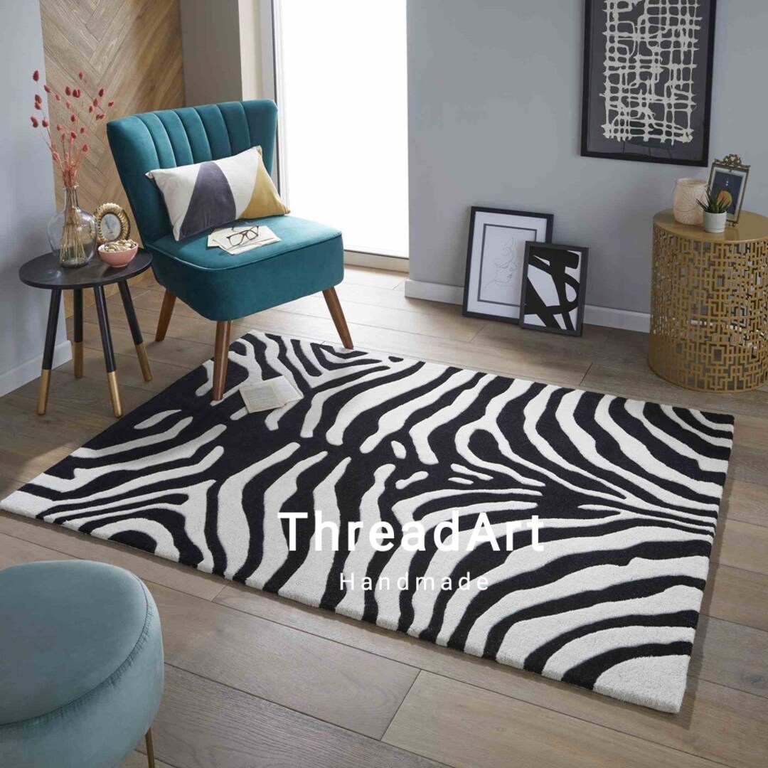 8x10 Black and White Zebra Rug Irregulared Handmade Handtufted 100% ...