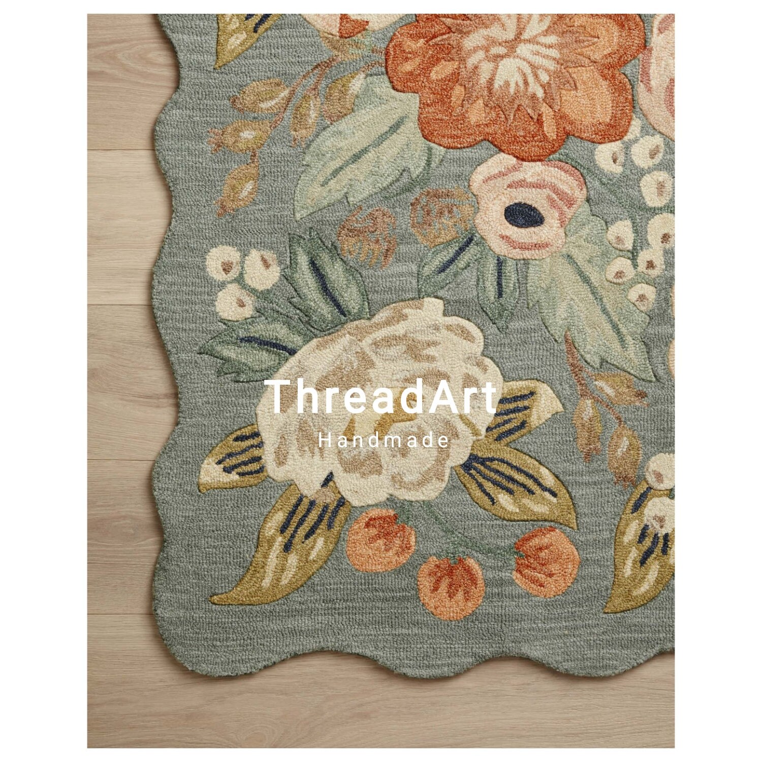 12x15 Black Green Flowers Hand Tufted Cassia Handmade Loop Pile Rug for ...