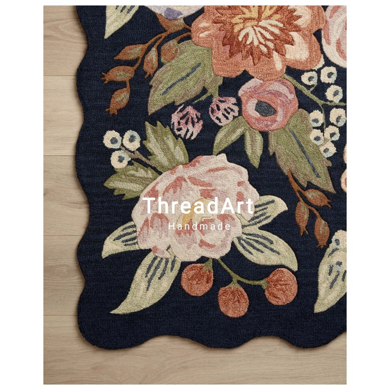 12x15 Black Green Flowers Hand Tufted Cassia Handmade Loop Pile Rug for ...