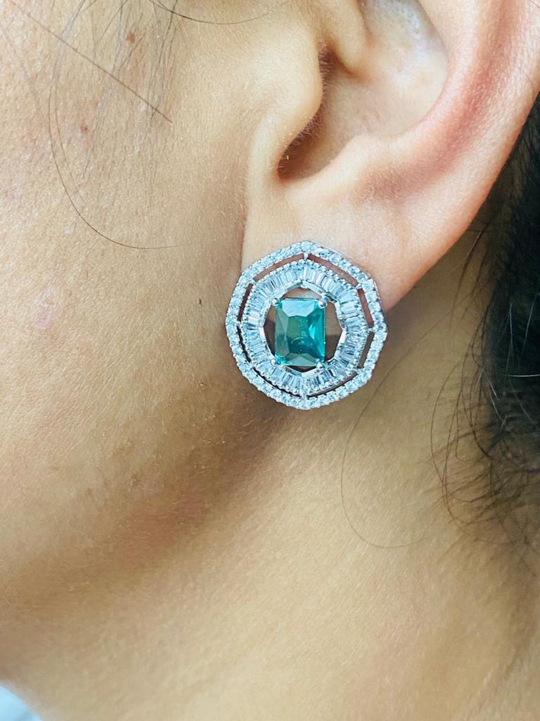 CZ Octagon Earring, Emerald Earring, Gift for Her, Emerald Stud Earring ...