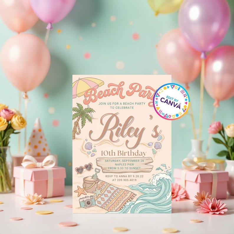 Beach Birthday Invitation, Ocean Theme, Kids Party Template (digital ...