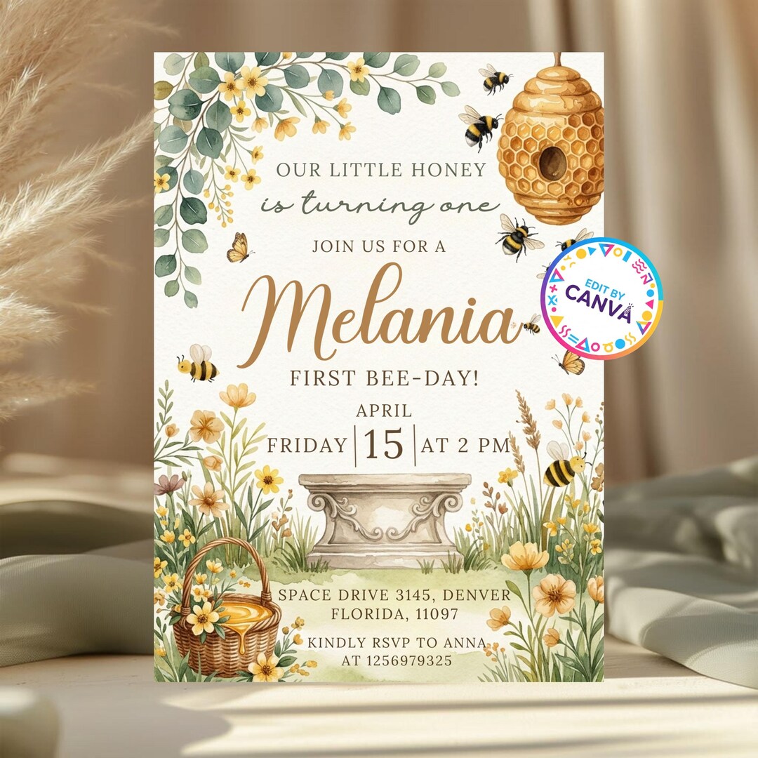 Editable First Bee Day Invitation, Bee 1st Birthday Invite, Honeybee ...