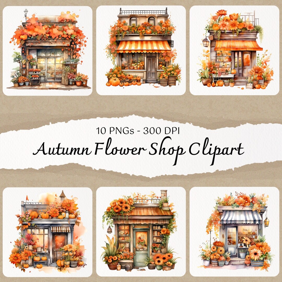 Autumn Flower Shop Watercolor Clipart, Instant Digital Download, 10 ...
