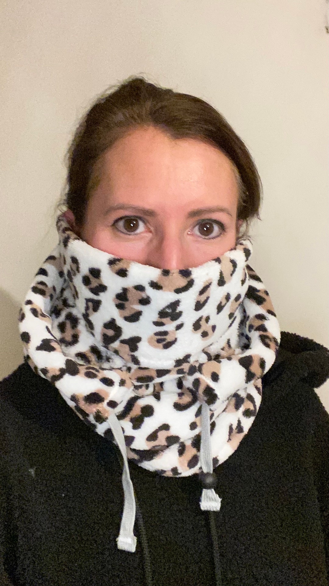 Leopard Print Plush Fleece Schnood, Snood With Hood, Hooded Scarve ...