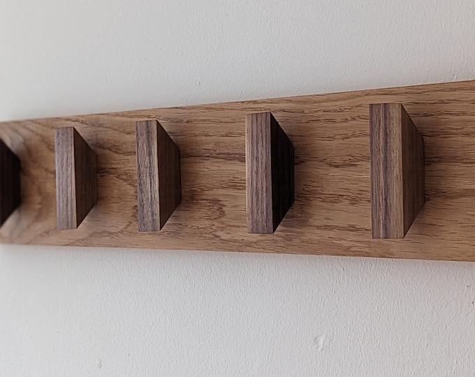 Solid Oak and Black Walnut Coat Rack, Wooden Coat Hooks, Scandi Coat ...