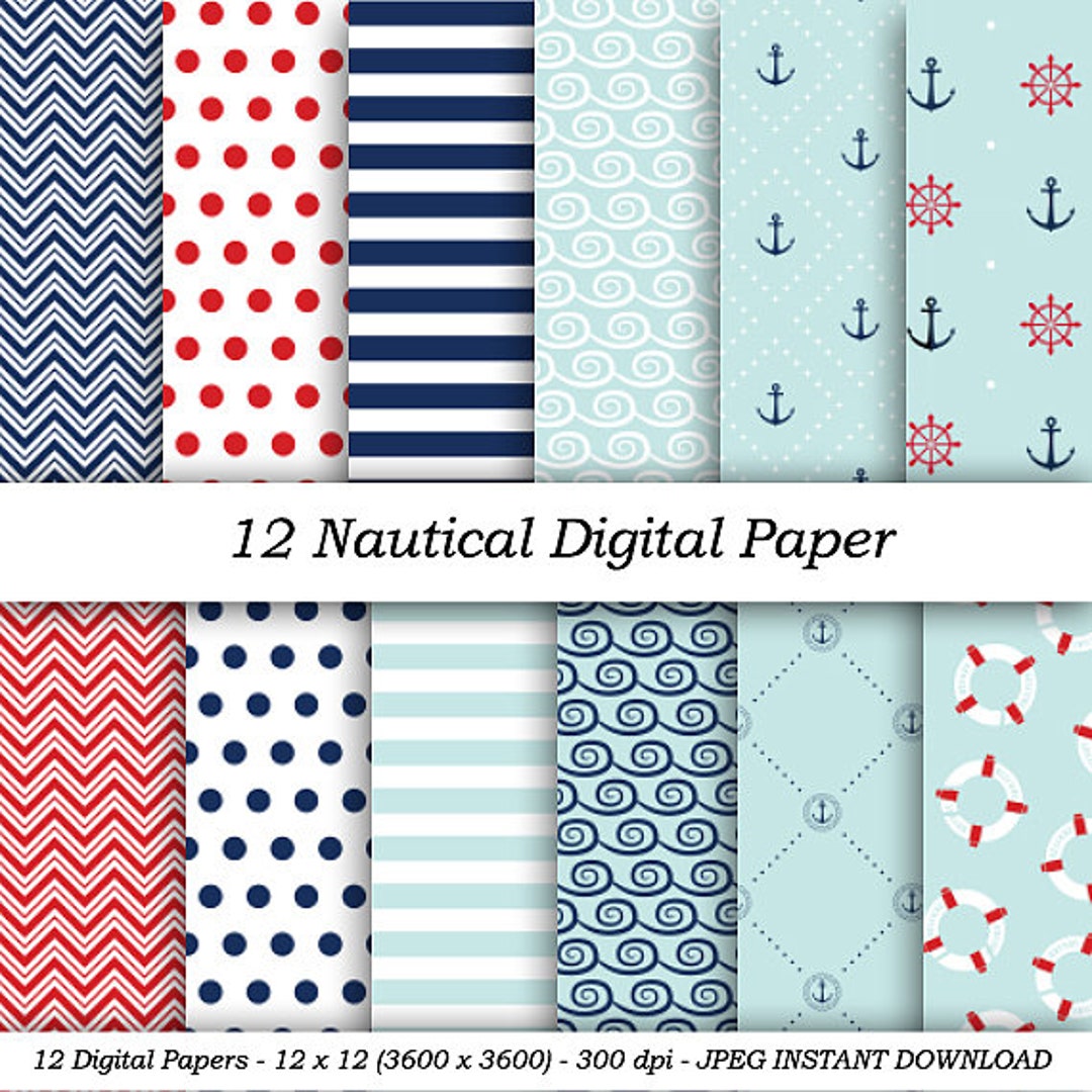 Inautical Digital Papers, 12x12 Sheets, Navy Patterns Scrapbooking ...