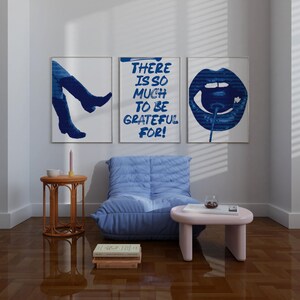 Blue Preppy Wall Art Set 3 Prints Aesthetic Blue Bedroom Decor Colorful ...