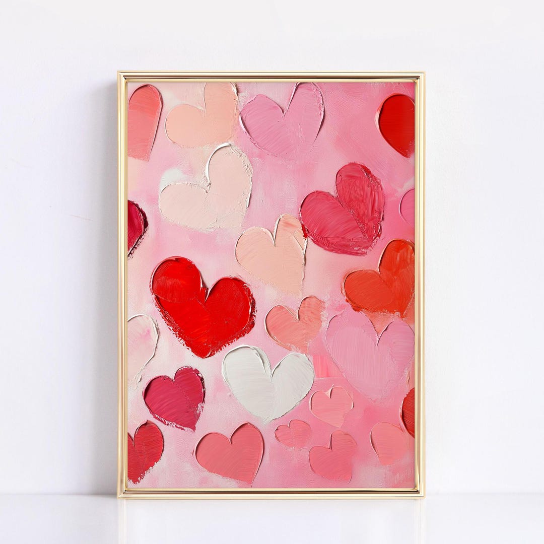 Hearts Painting, Colorful Valentines Day Printable, Pink Red Heart ...