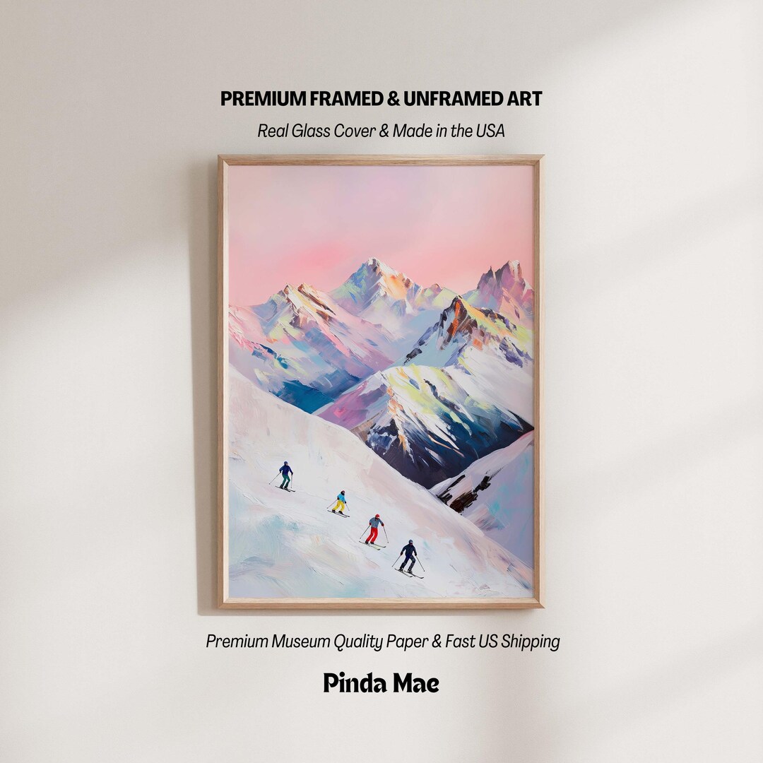 Skiing Painting Pastel Oil Painting Winter Wall Art Ski Poster Pink ...