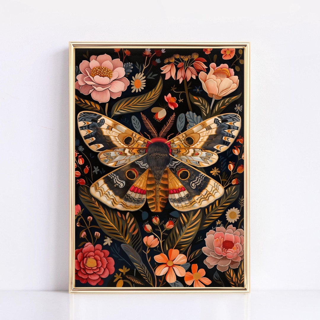 Floral Moth Goth Poster Colorful Dark Cottagecore Print Floral ...