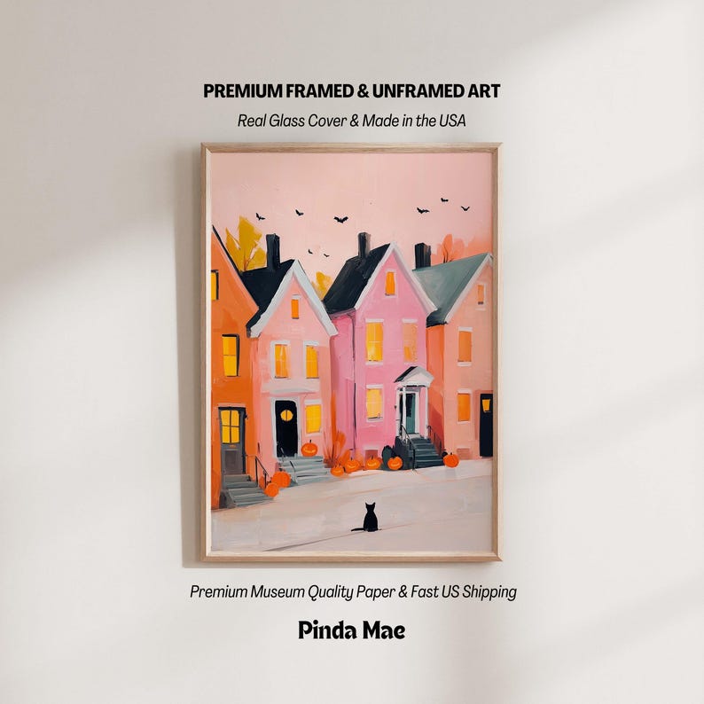 Pastel Halloween Village Print: Black Cat, Spooky Town Art - Etsy