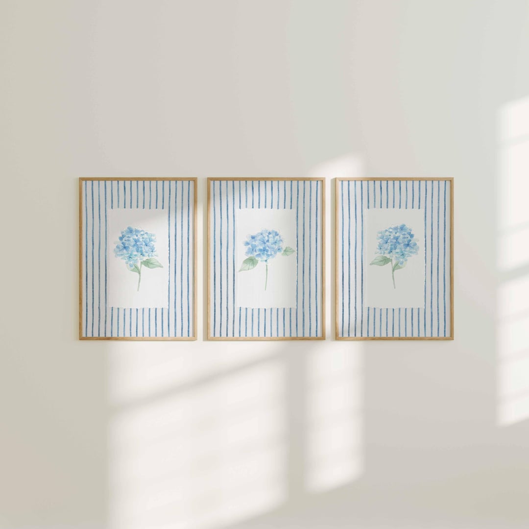 Coastal Floral Wall Art Set of 3: Blue Hydrangea Prints Set of 3 ...