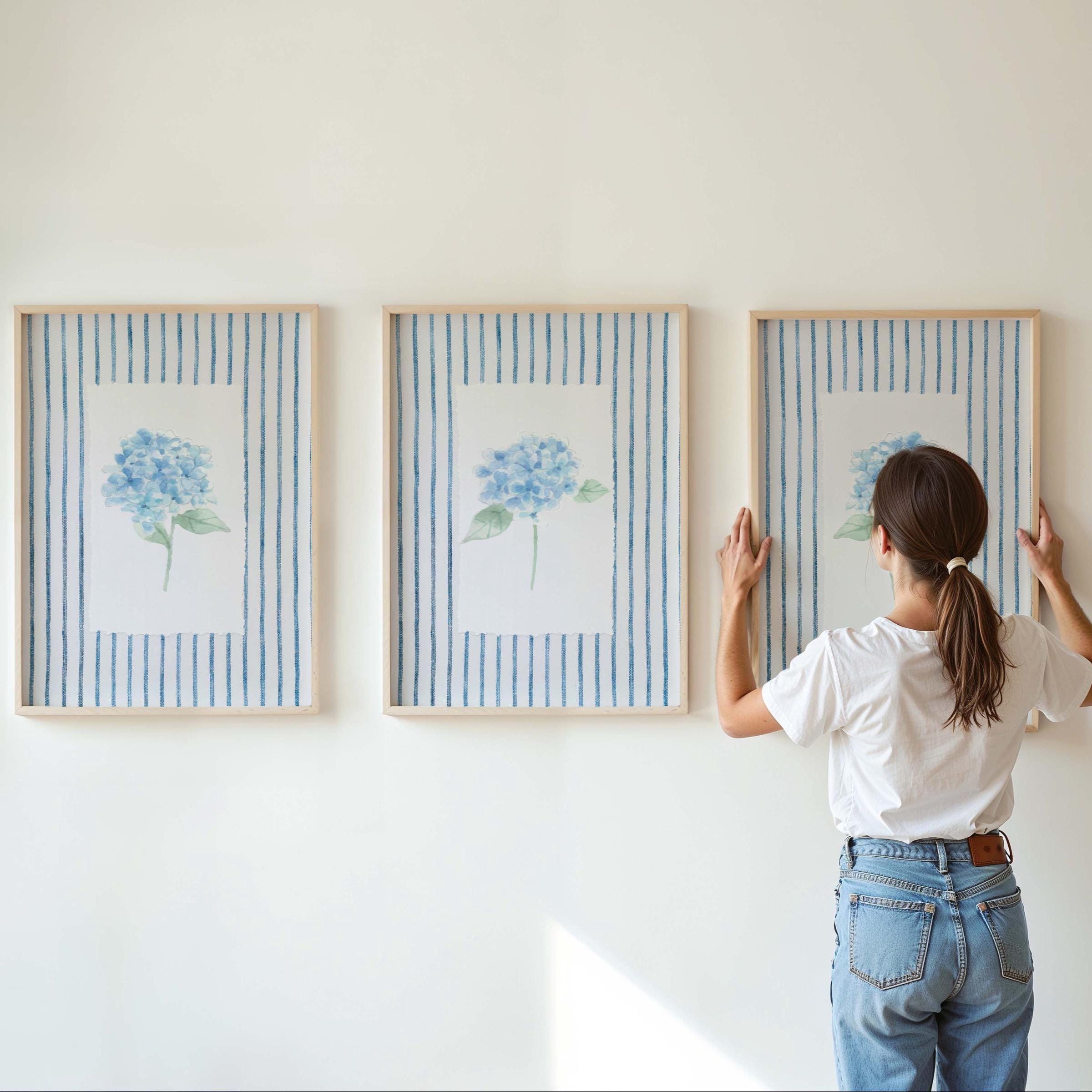 Coastal Floral Wall Art Set of 3: Blue Hydrangea Prints Set of 3 ...