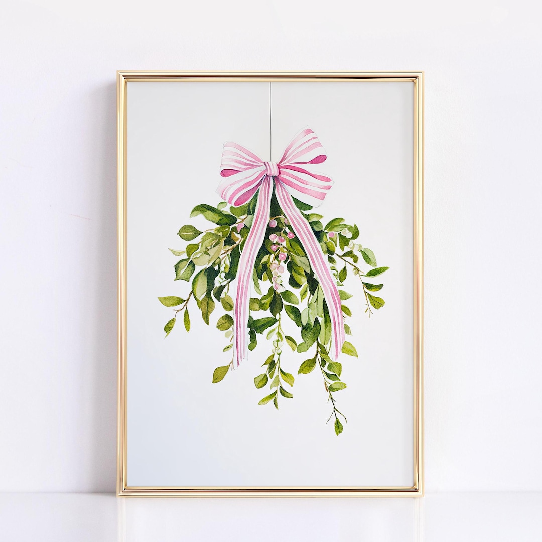Pink Christmas Mistletoe Print: Watercolor Holiday Bow (digital ...