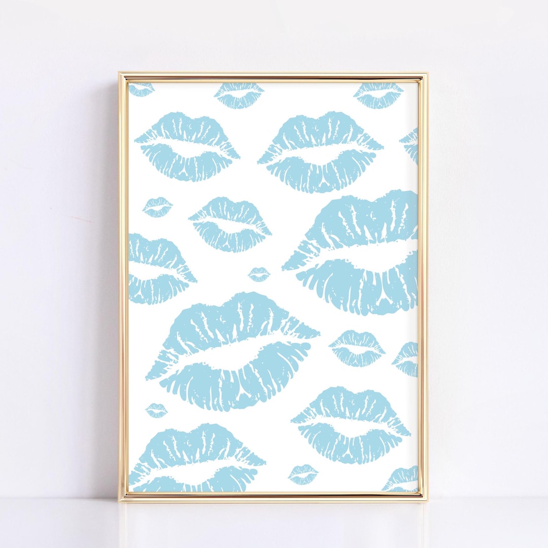 Light Blue Lips Wall Art Trendy Print Blue Kiss Lips Print Preppy Room ...