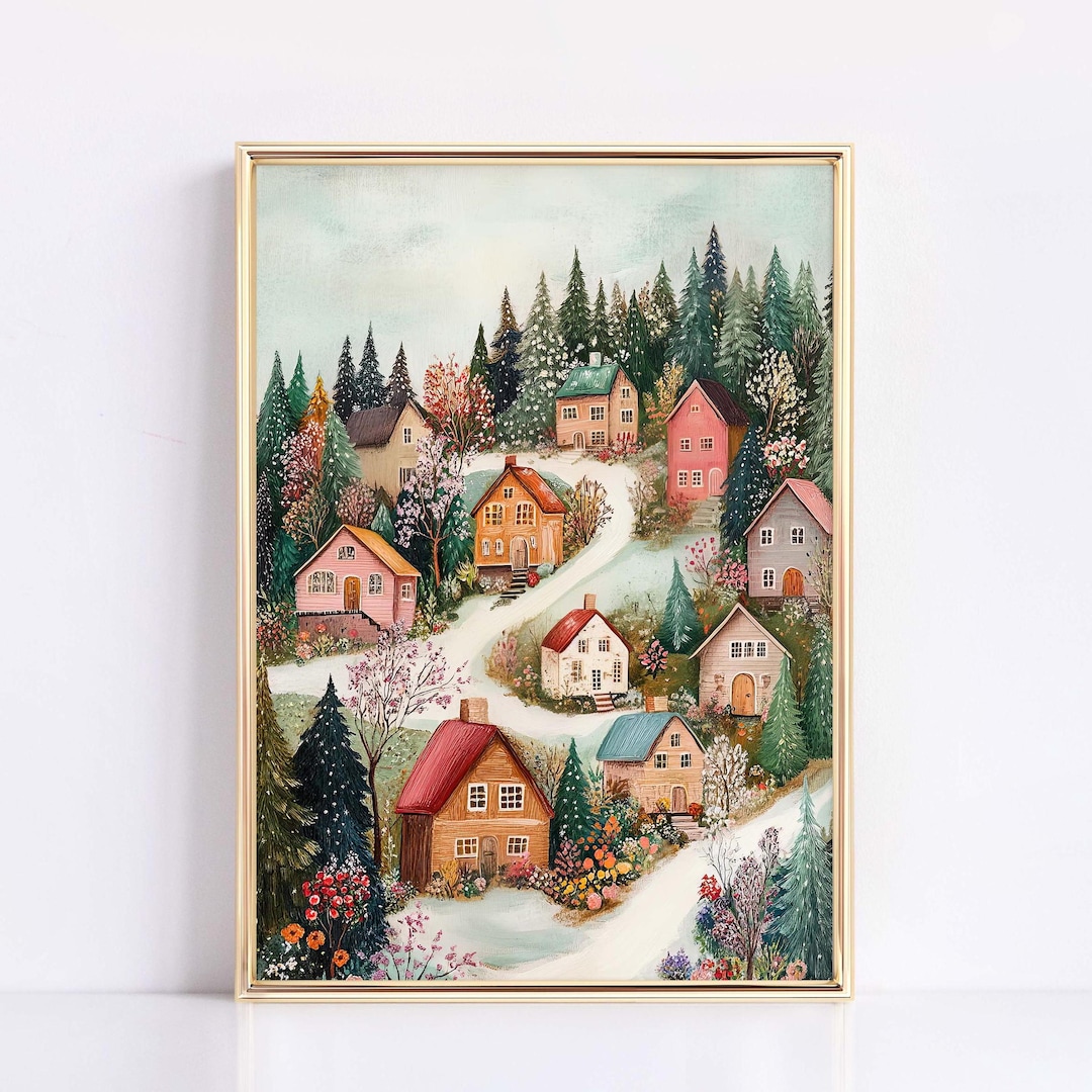 Rustic Spring Village Painting, Cute Spring Home Decor, Colorful Houses ...