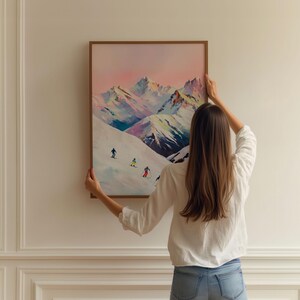 Skiing Painting Pastel Oil Painting Winter Wall Art Ski Poster Pink ...