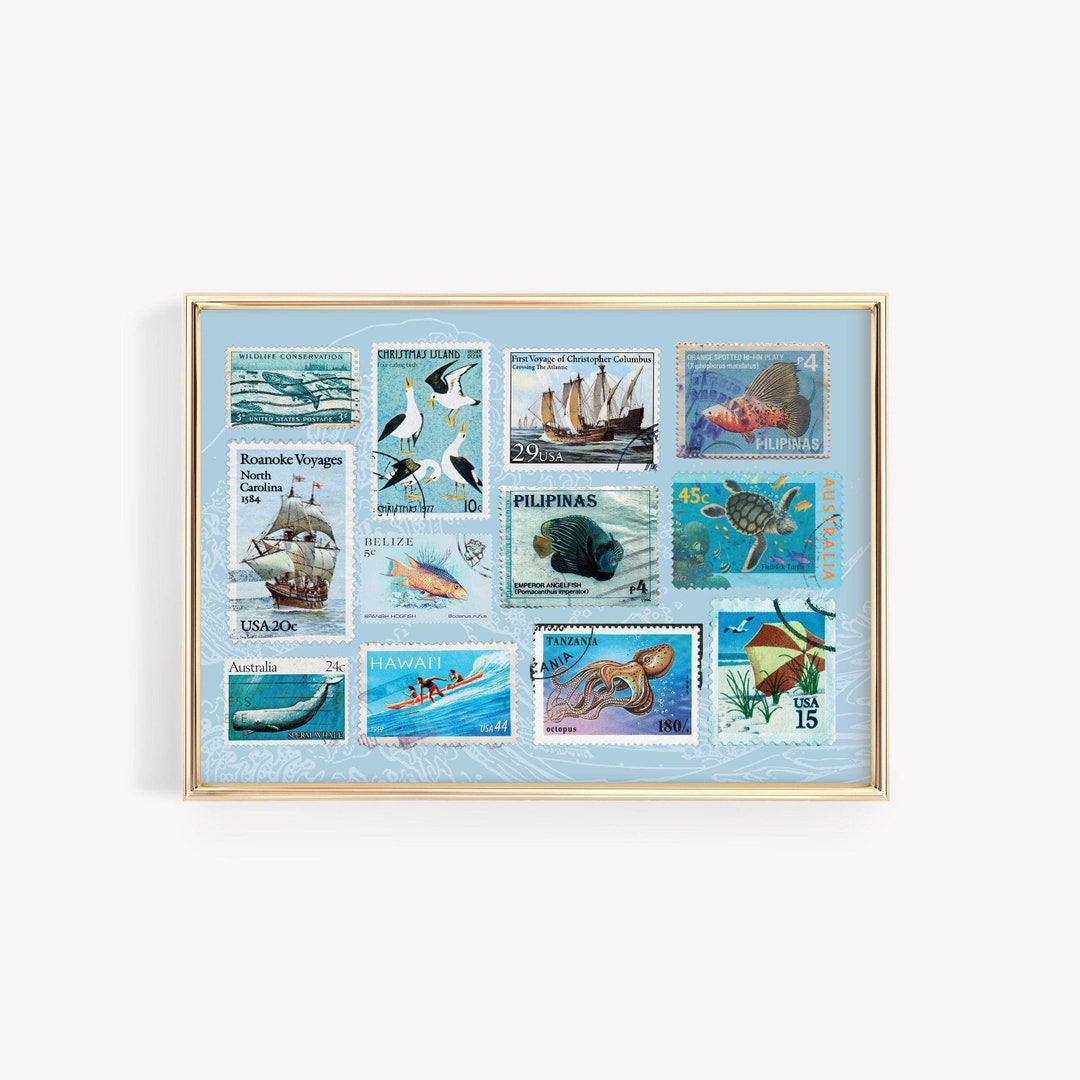 Vintage Coastal Print Stamps Beach Print Beachy Wall Art Coastal Wall ...