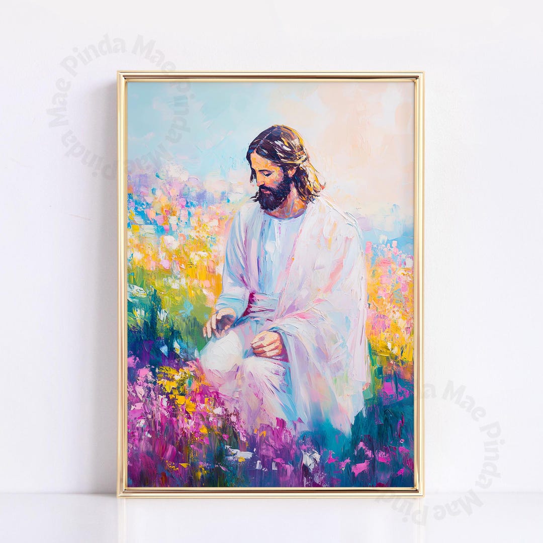 Colorful Jesus Painting, Jesus Christ With Wildflowers Wall Art ...