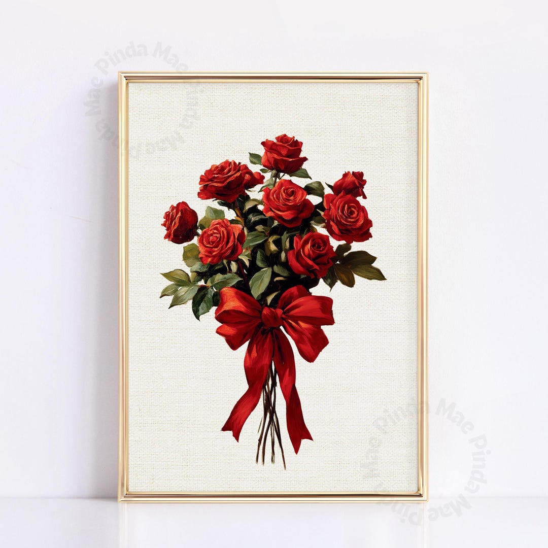 Vintage Red Roses With Bow Painting, Valentines Day Home Decor, Neutral ...