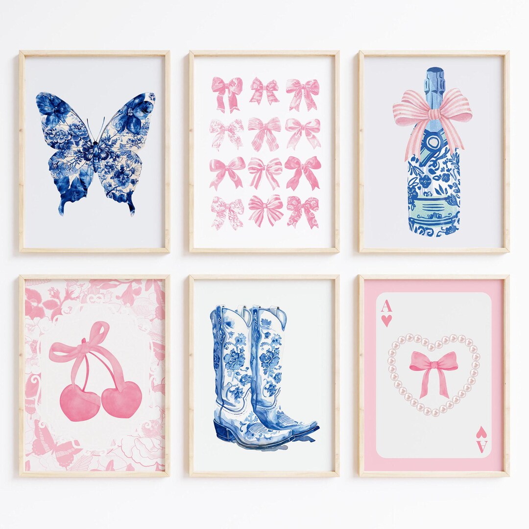Pink & Blue Preppy Wall Art Prints, Set of 6 - Etsy
