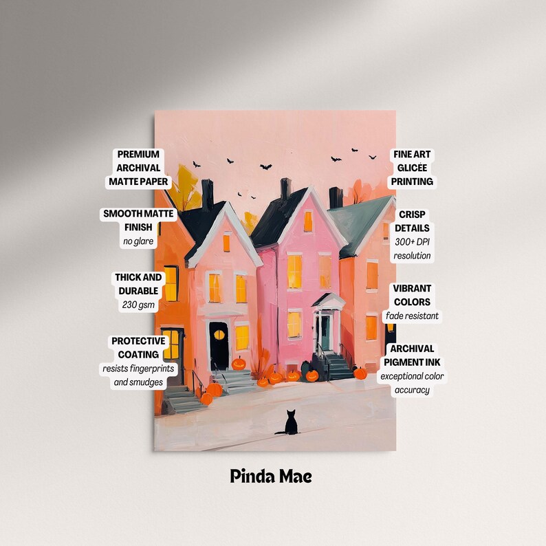 Pastel Halloween Village Print: Black Cat, Spooky Town Art - Etsy