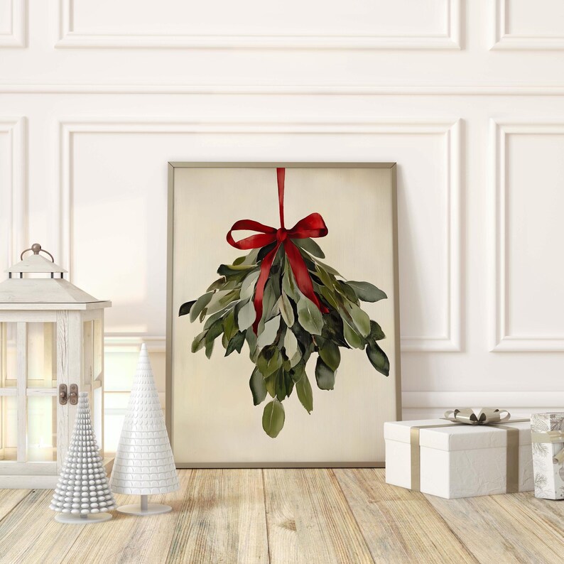 Vintage Mistletoe Christmas Painting: Farmhouse Holiday Wall Art ...