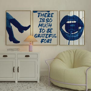 Blue Preppy Wall Art Set 3 Prints Aesthetic Blue Bedroom Decor Colorful ...