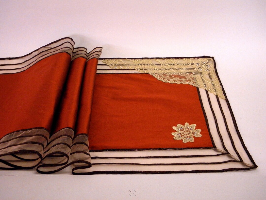 High End Silk Table Runner Burnt Orange Lace Modern Long Table Cloth ...