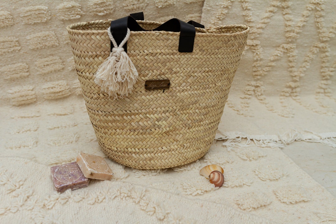 Palm Leaf Handbag With Leather Handle, Shoulder Bag, Basket Bag ...