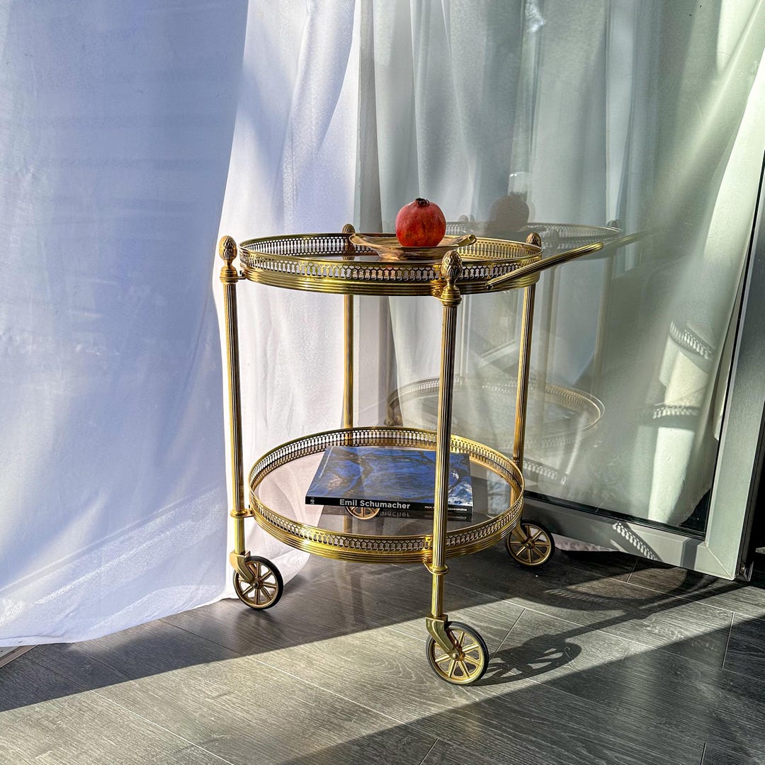 Vintage Round Brass Bar Cart | Hollywood Regency Serving Trolley | Mid ...
