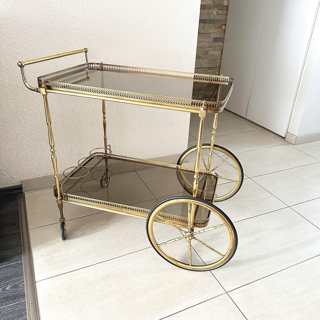 Luxury Serving Trolley With Tinted Glass Tops Brass French Bar Trolley ...