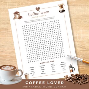 Coffee Word Search, Coffee Lover Printable Game, Adult Word Search ...