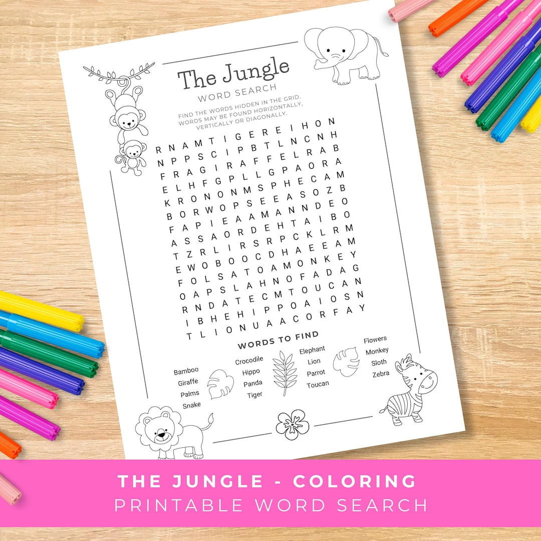 Jungle Word Search for Kids, Jungle Animals Party Printable Coloring ...