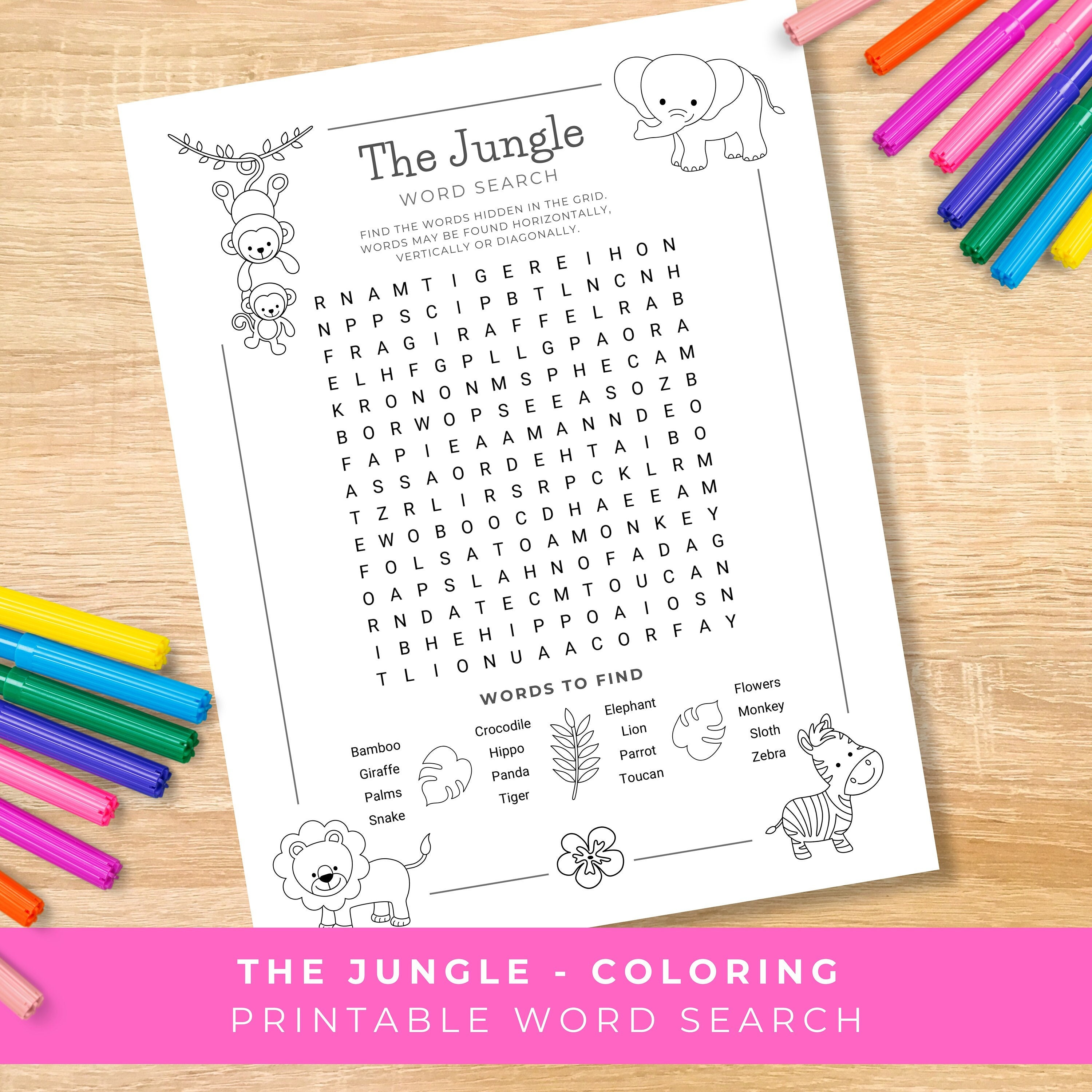 Jungle Word Search for Kids, Jungle Animals Party Printable Coloring ...