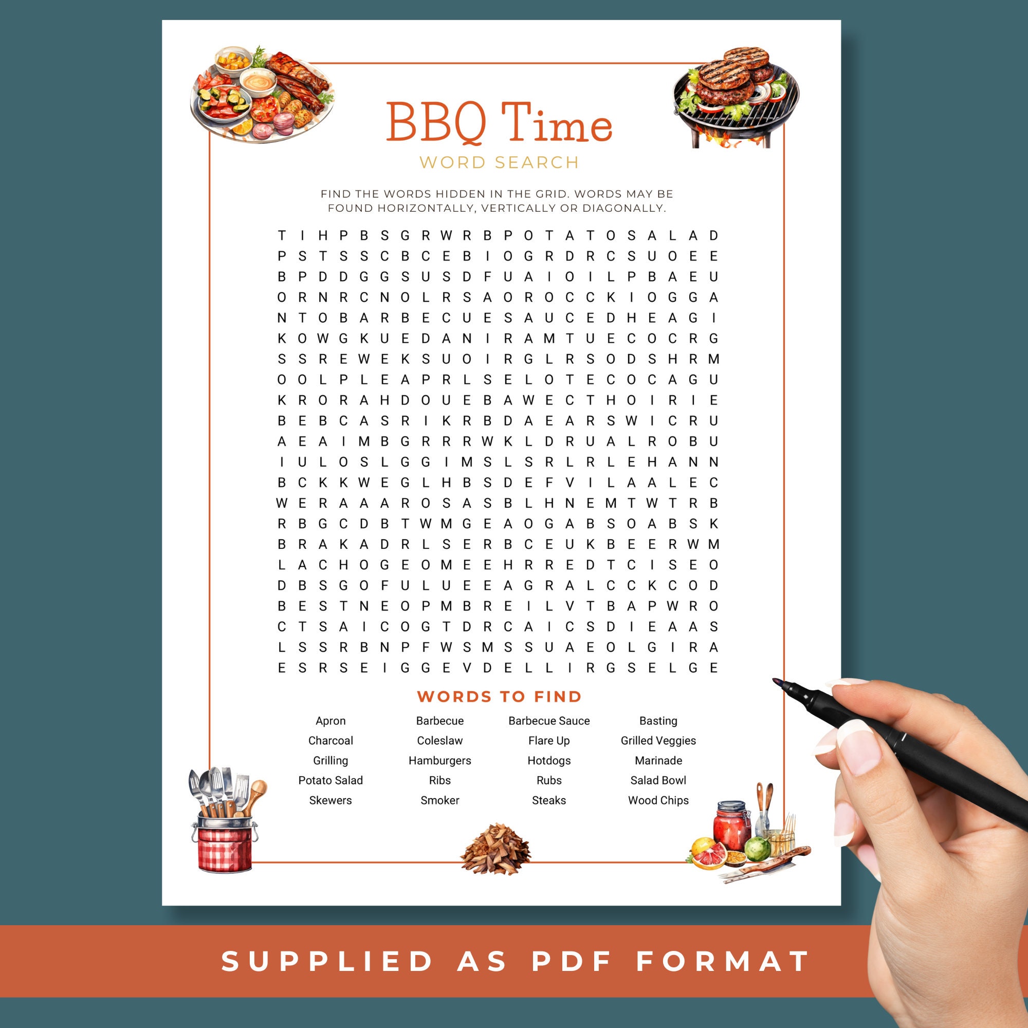 BBQ Word Search, Printable Barbecue Word Puzzle Game for Adults, BBQ ...