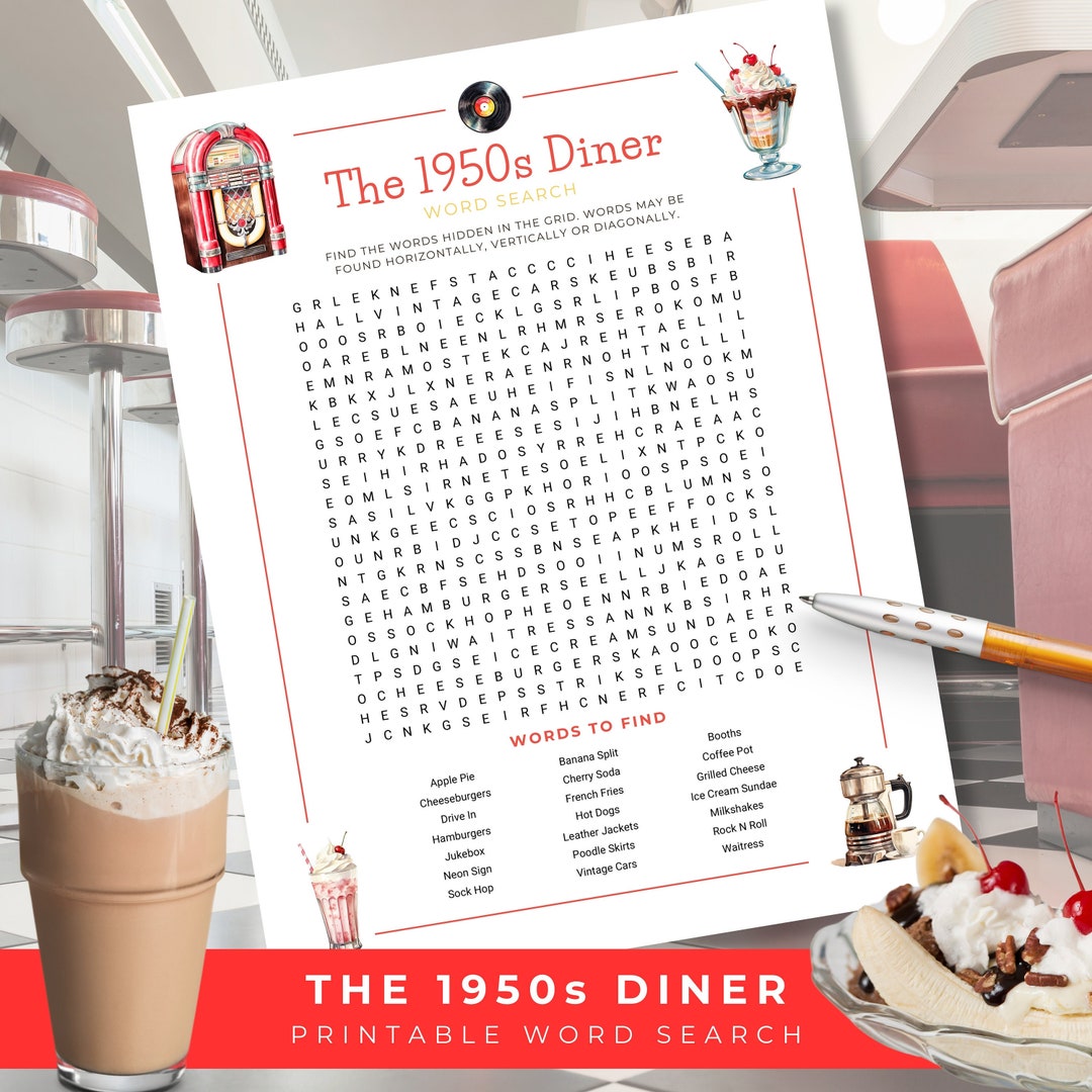 1950s Diner Word Search, Retro Printable Puzzle Game, Sock Hop Party ...