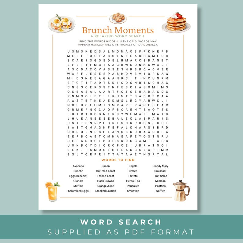 Brunch Word Search Printable, Brunch Party Game for Adults, Breakfast ...