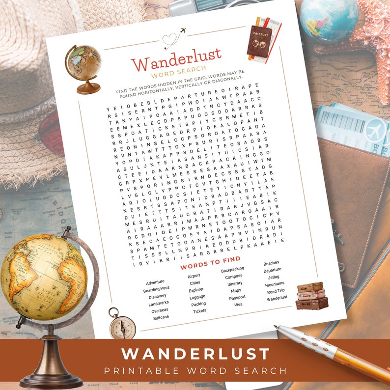 Travel Word Search, Printable Travel Puzzle Game for Adults, Wanderlust ...