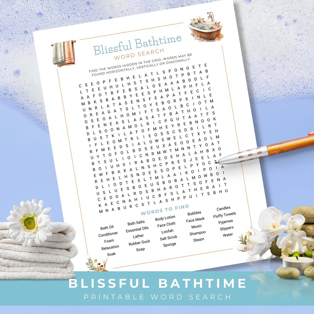 Bath Word Search, Printable Word Game for Adults, Stress Relief ...