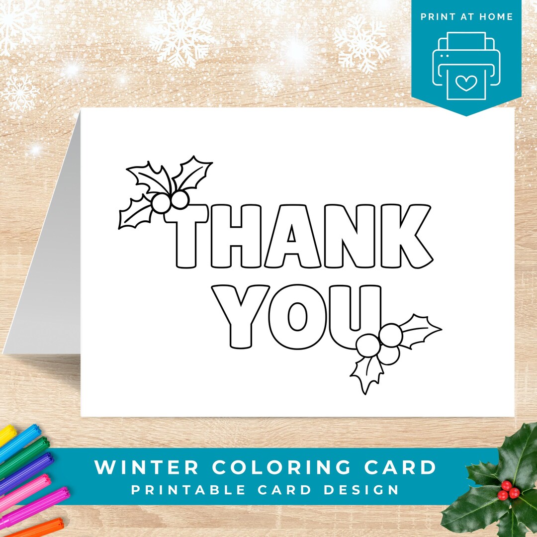 Winter Thank You Coloring Card Printable, Easy Color in Thank You Card ...
