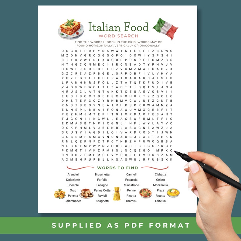 Italian Food Word Search, Pasta Printable Puzzle, Food Games for Adults ...