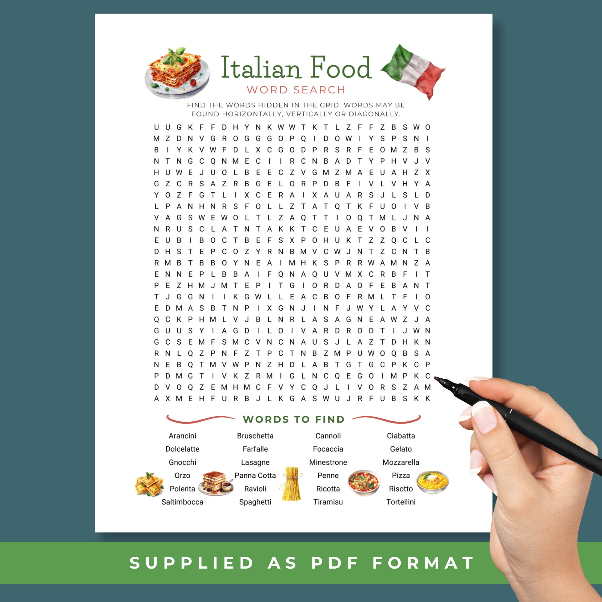 Italian Food Word Search, Pasta Printable Puzzle, Food Games for Adults ...