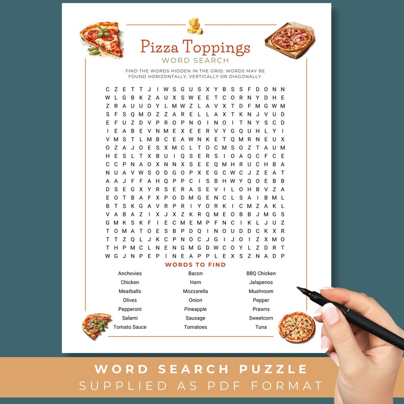 Pizza Word Search, Pizza Party Printable Game, Pizza Toppings, Pizza ...