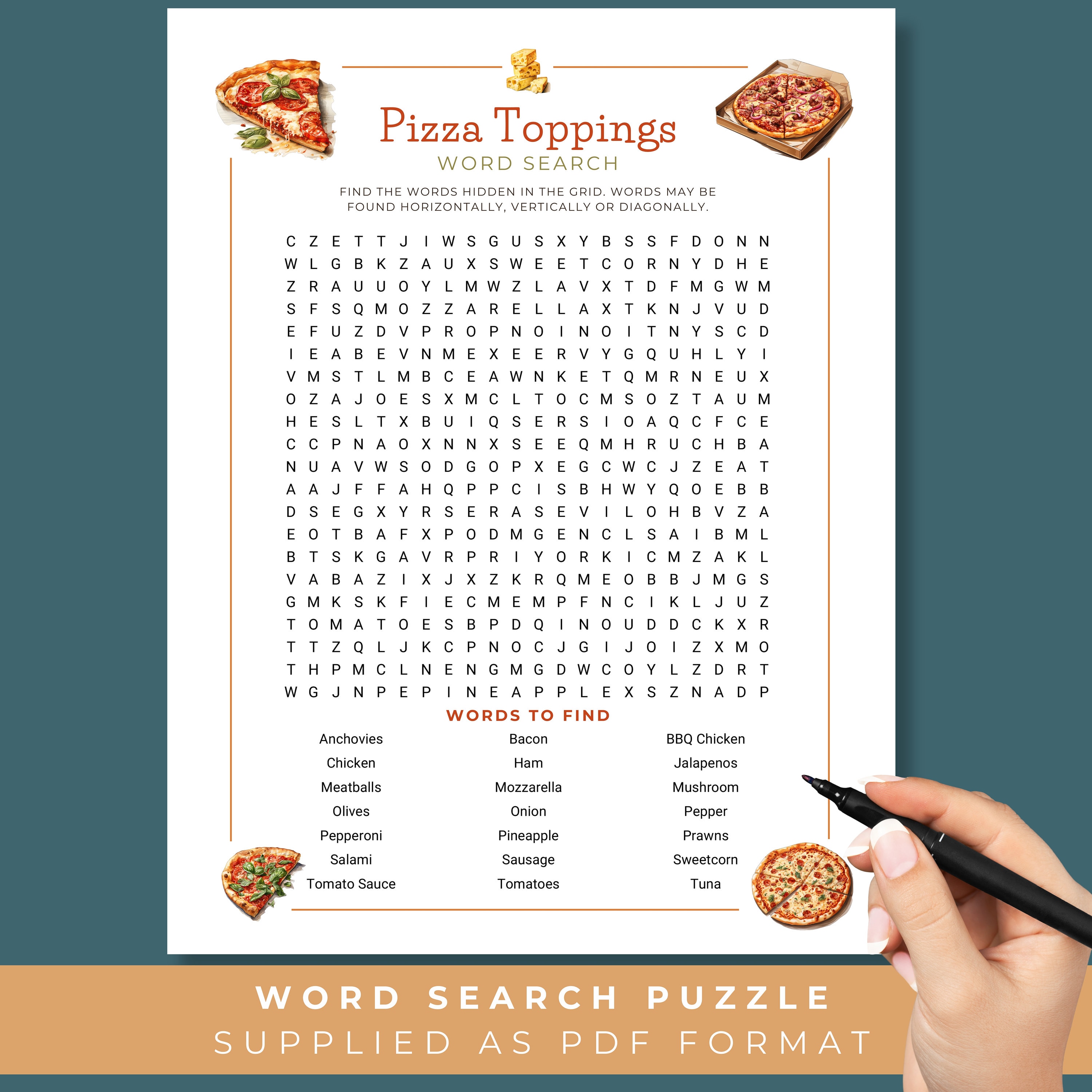 Pizza Word Search, Pizza Party Printable Game, Pizza Toppings, Pizza ...