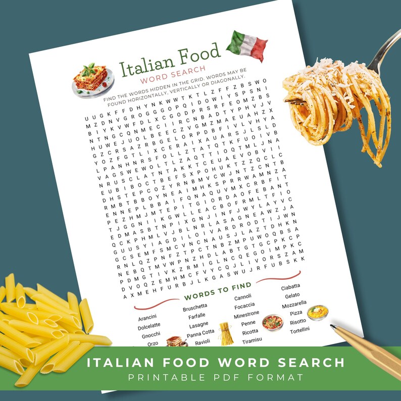 Italian Food Word Search, Pasta Printable Puzzle, Food Games for Adults ...