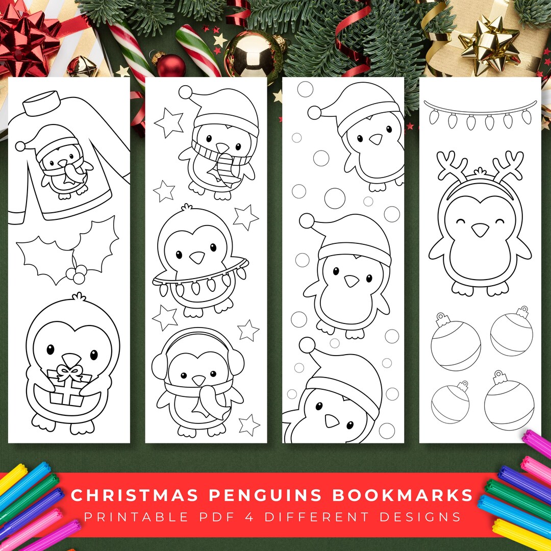 Christmas Penguin Coloring Bookmarks, Printable Holiday Bookmarks to ...