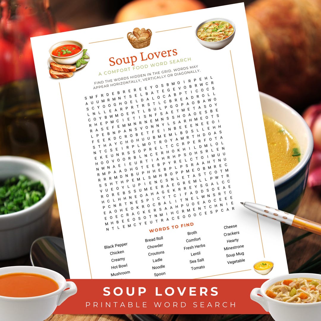 Soup Word Search Printable, Food Puzzle for Adults, Dinner Party Game ...